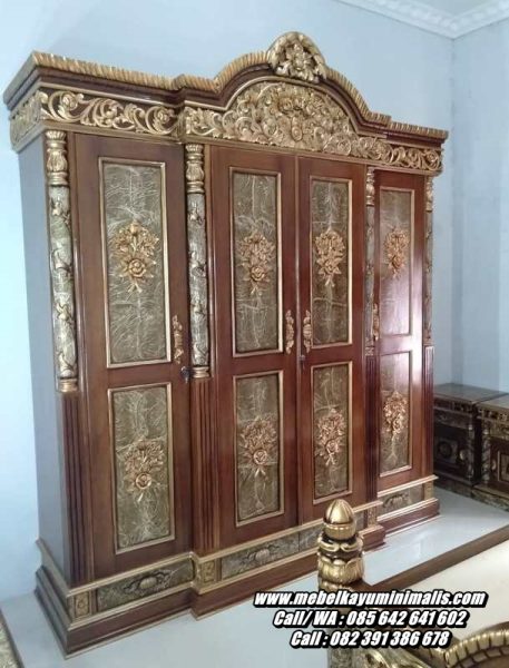 Almari Baju Ukiran 4 Pintu Warna Marmer | Mebel Kayu Minimalis